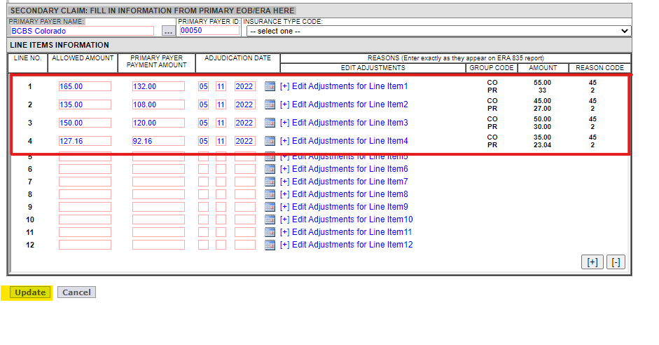 Secondary Billing Instructions